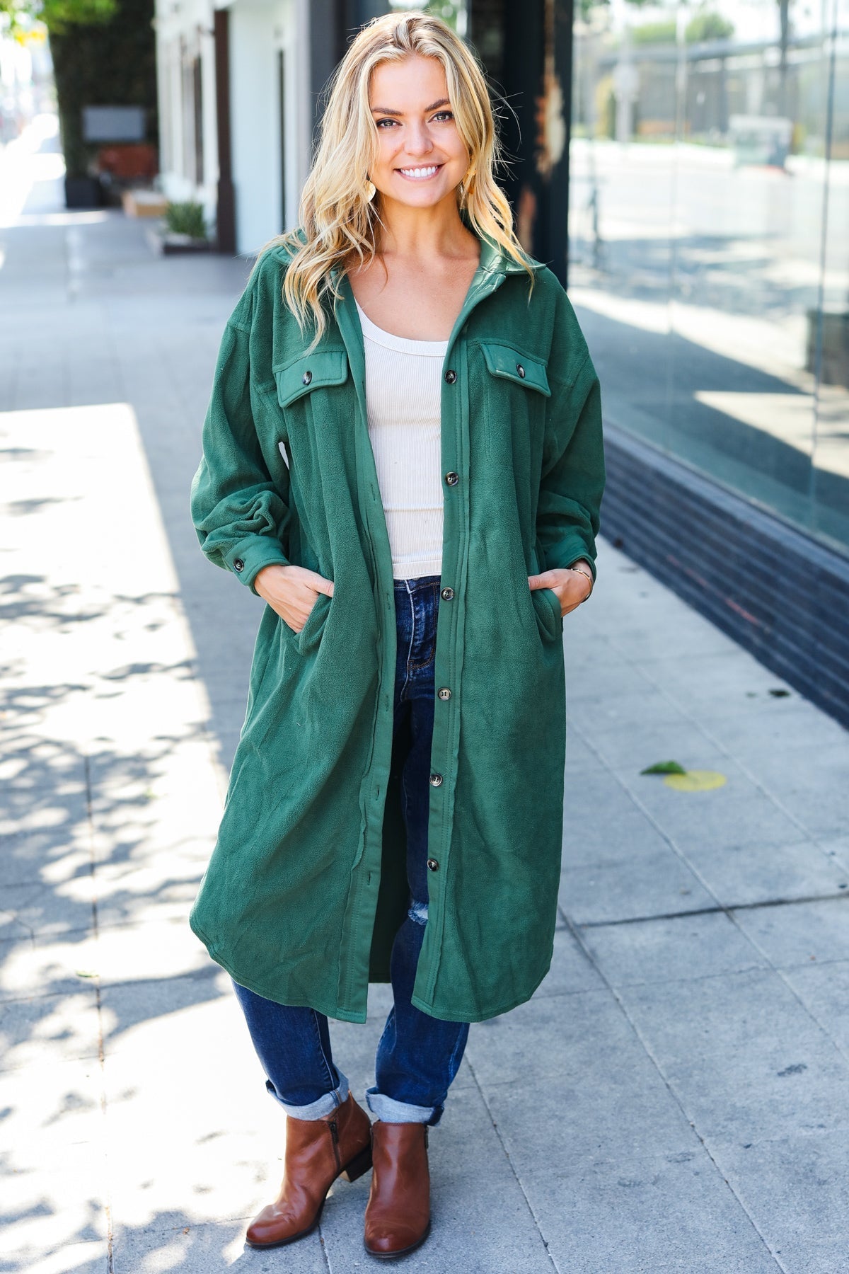 Gertrud® | Turn Heads Forest Green Fleece Button Down Duster Jacket ...