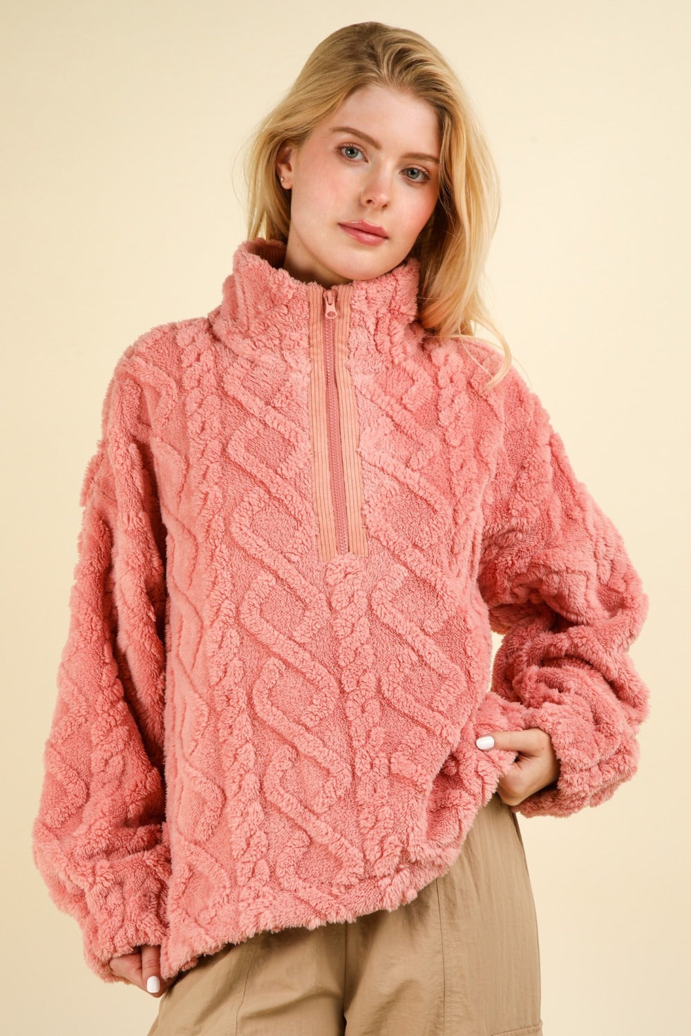 Eva® | Fluffy cable knit fleece half zip sweatshirt – Lily Hil