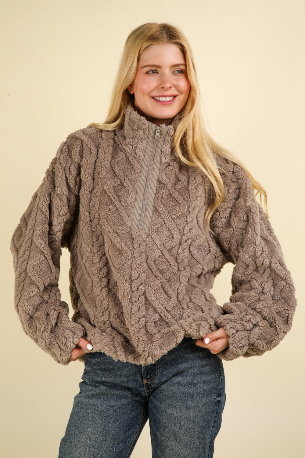 Lucía® | Fluffy cable knit fleece half zip sweatshirt – Lily Hil