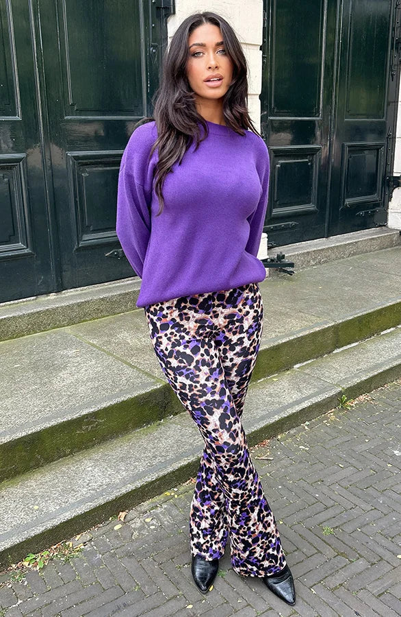 Cassia® | Purple leopard print flared trousers for women – Lily Hil