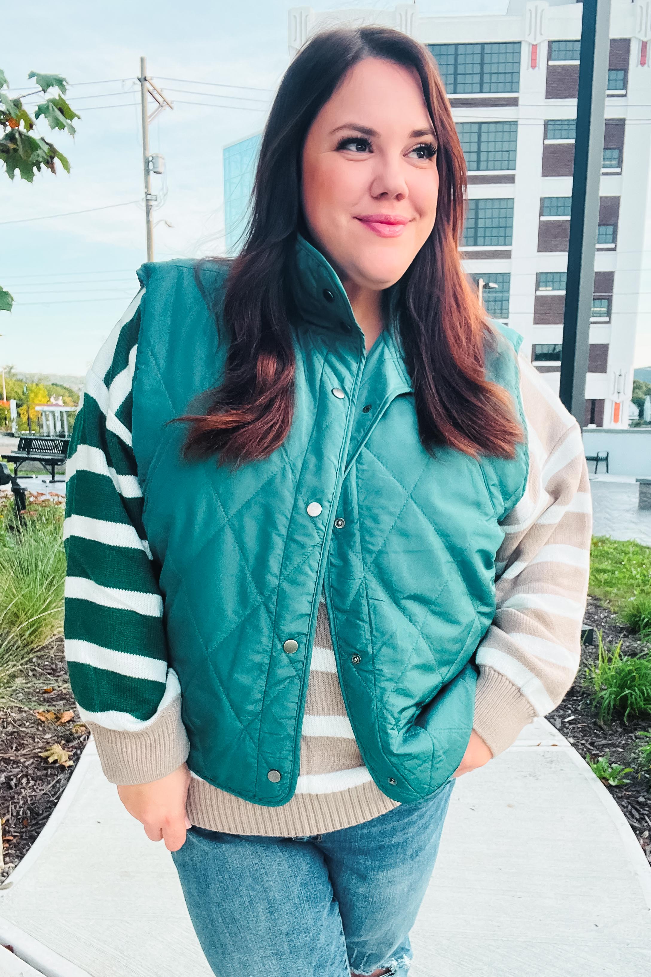 Jeanette® | Weekend Ready quilted vest in hunter green with snap faste ...