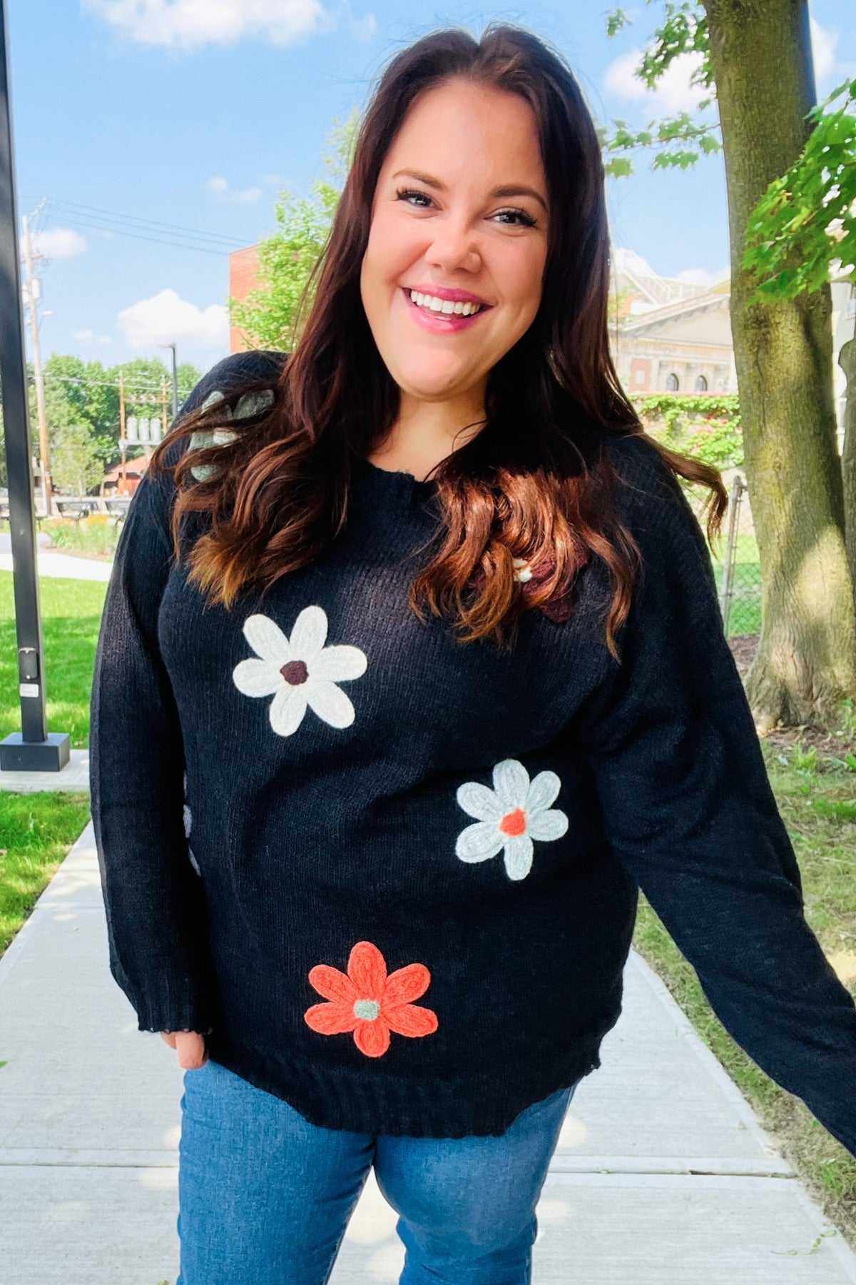 Luisa® | Eyes On You oversized knit sweater with floral patch in black ...