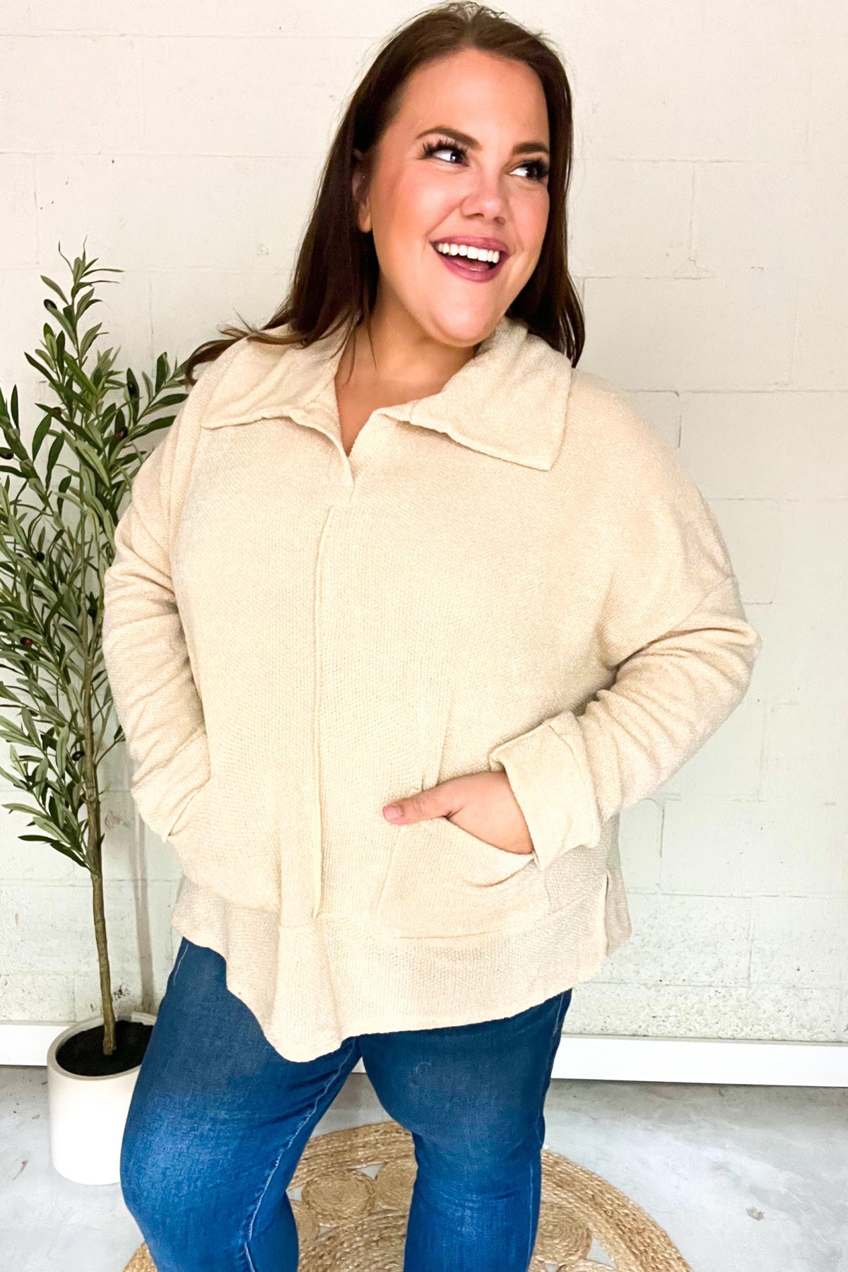 Anke® | Easy Living oatmeal knit sweater with a notched neckline and o ...