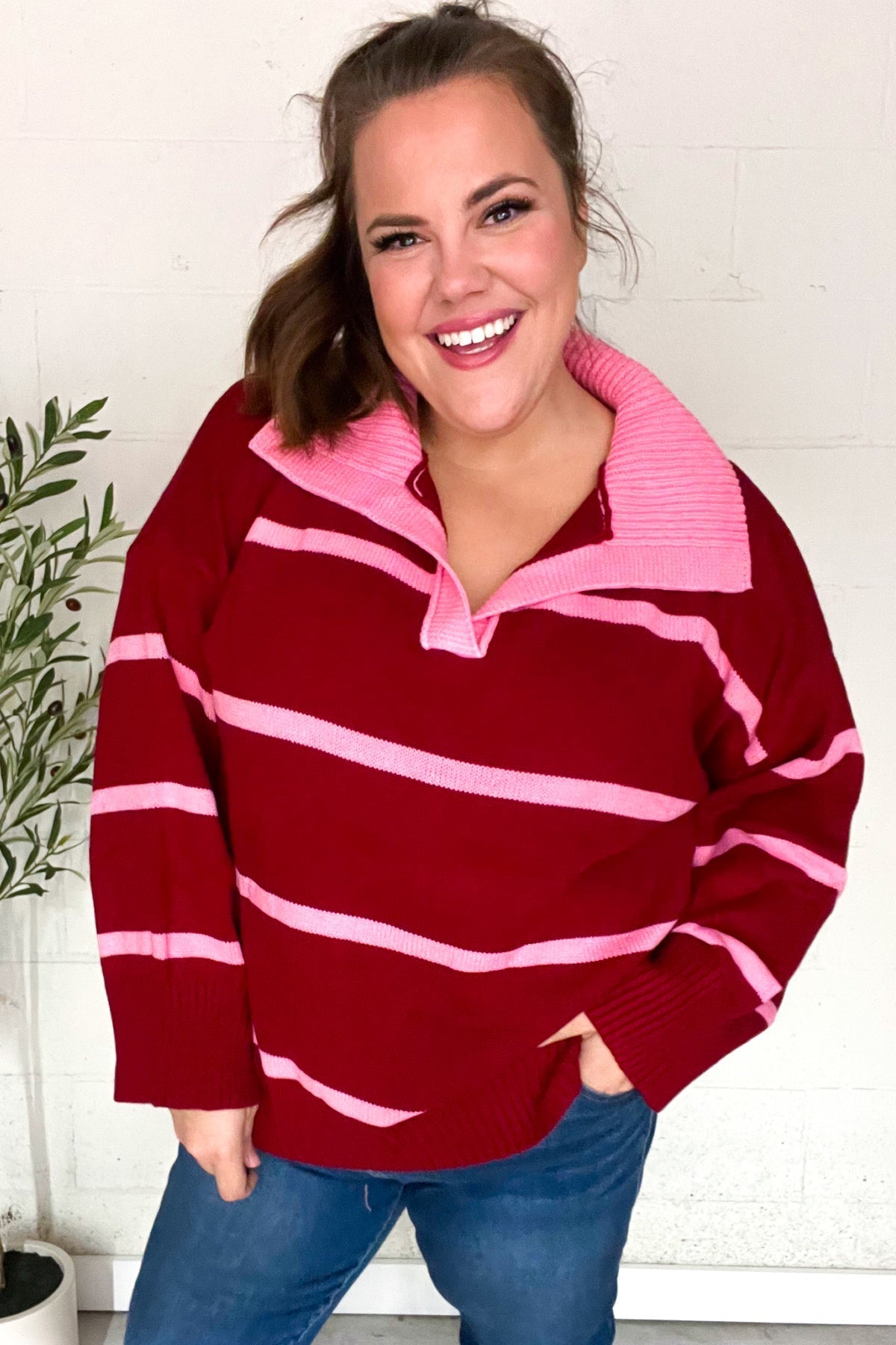 Frieda® | Fall For You oversized sweater with notched collar and crims ...