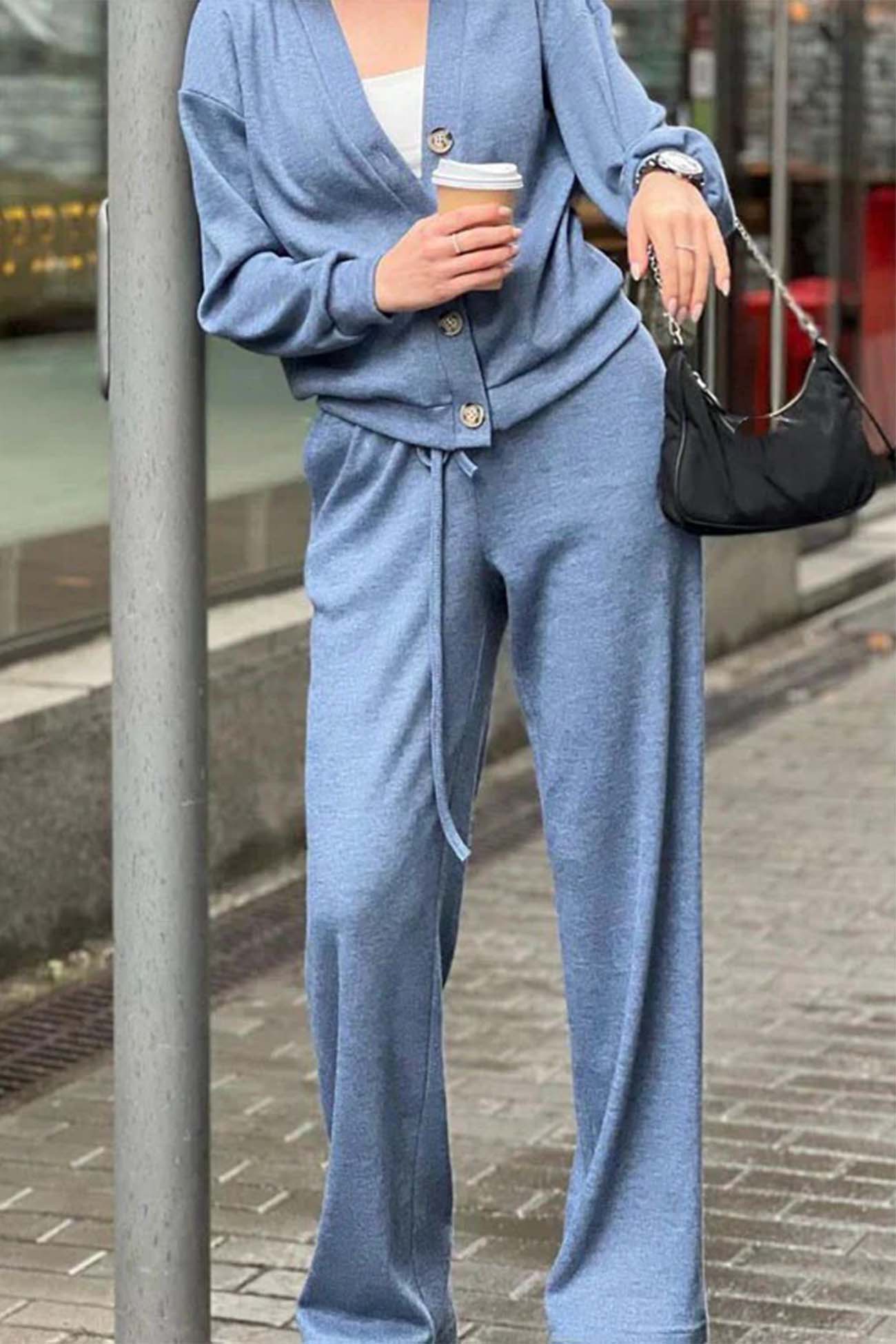 Alicia® | Solid color cardigan set with long pants and buttons – Lily Hil