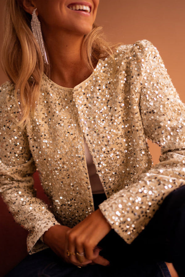 Natalie® | Short jacket in gold sequined fleece with open front – Lily Hil