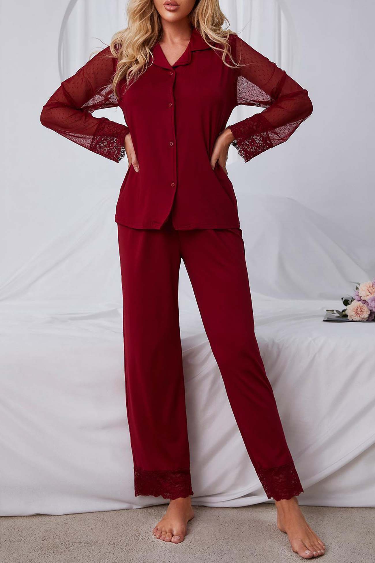 Annabelle® | Mesh lace long sleeve pajama set – Lily Hil